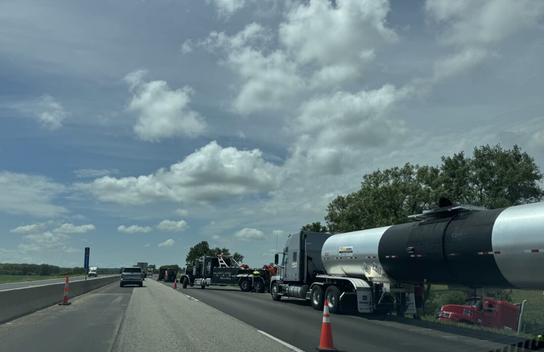 Traffic backed up on westbound I-70 after semi accident; molten sulfur leaked from trailer ...